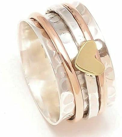 925 Sterling Silver Spinner Ring Meditation Ring Anxiety Ring with Brass Hearts and Fidget Bands Worry Band (8.5)