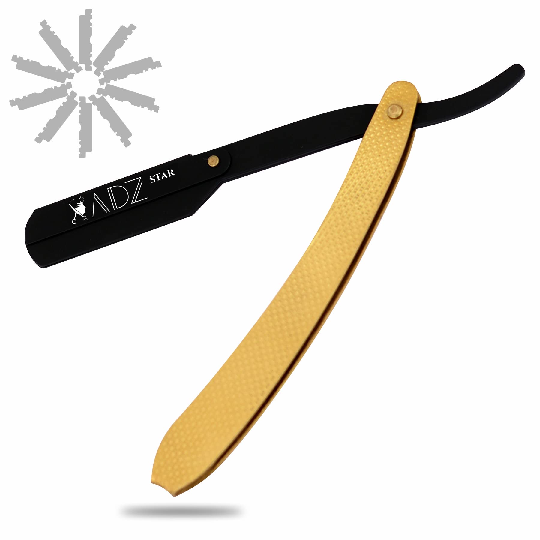 ADZ STAR Professional Straight Edge Razor with 10 Single Straight Razor Blades-Barber Straight Razor, BLACK & GOLD