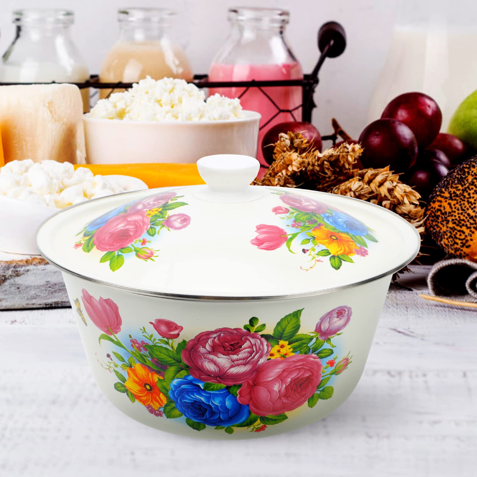 Angoily Enamel Mixing Bowl with Lid Flower Large Salad Bowl Enamelware Washing Basin Chinese Style Soup Bowls Vintage Serving Bowl for Ramen Asian Dishes Cereal Rice Noodle