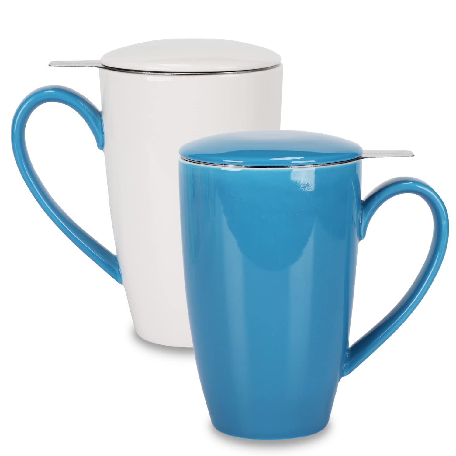 amhomel Porcelain Tea Mug with Infuser and Lid, 16 Ounce Ceramic Tea Cup for Loose Leaf, Coffee, Cocoa and Milk, Tea Gift for Tea Lovers, Set of 2(Blue and White)