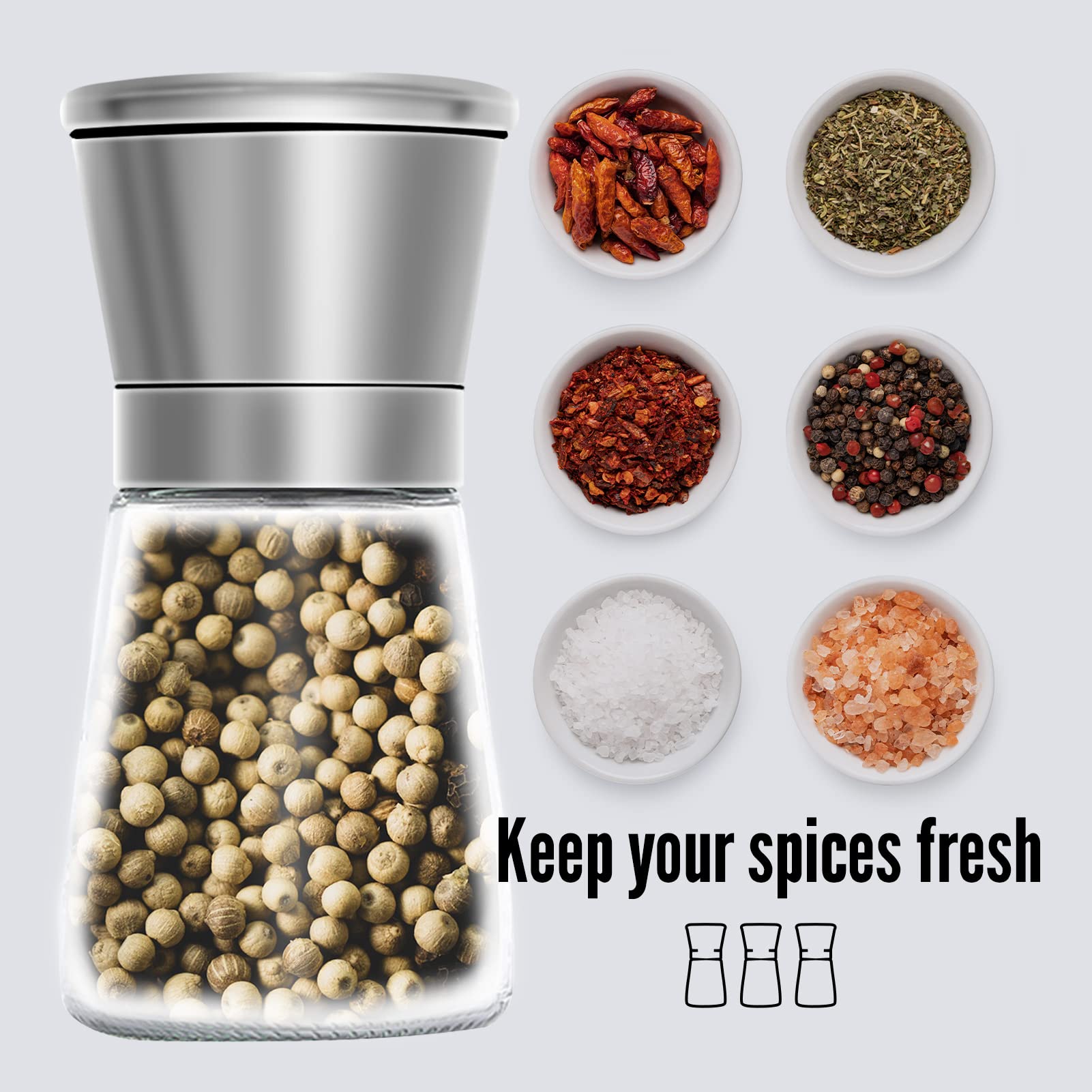 ACMEMAKE Pepper Grinder, Spice Mill with Ceramic Blades, Salt Grinder Refillable, Stainless Steel Dust Cover, Pepper Mill for Kitchen or Outdoor Picnic (180ML)