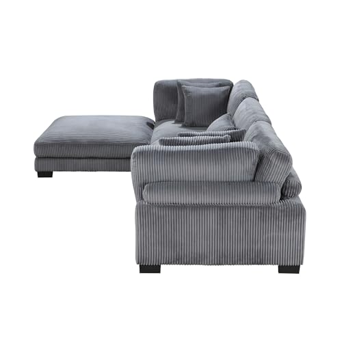 Lexicon Modular Sectional Sofa, Oversized Sectional Sofa, Corduroy Sectional Couch, Extra Large Sofa Set with 5 Matching Pillows, 4 Seater L Shape Sofa with Ottoman, Gray