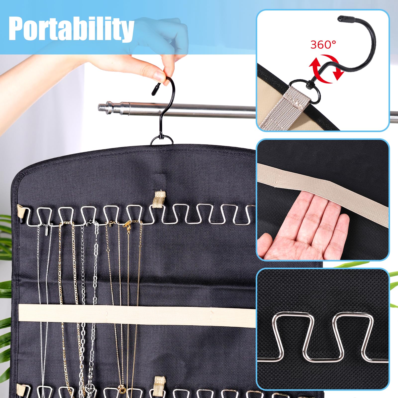 MCPINKY Hanging Jewelry Organizer Storage, 39 Pockets Earring Ring Bracelets,30 Necklaces Hanger on Closet Wall Door,Jewelry Display Storage Bag Double Sided,Large Black