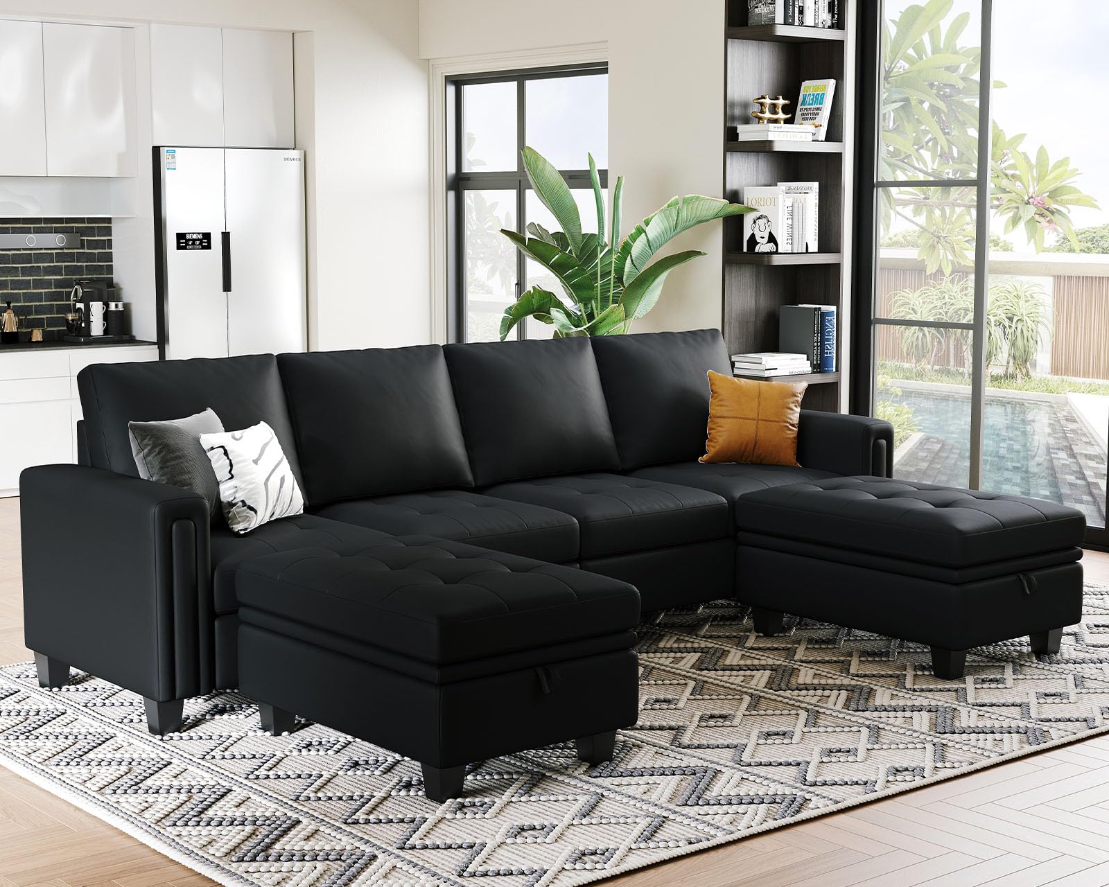 Belffin Faux Leather U Shaped Sectional Sofa Couch with Storage Ottoman Leather Convertibel Sectional Sofa with Reversible Chaises Black