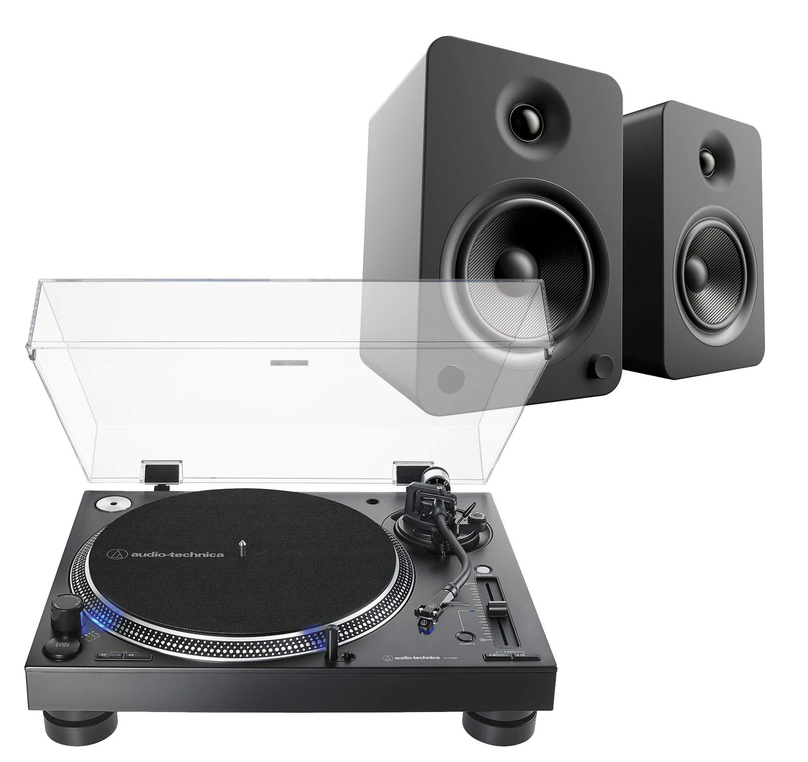 Audio Technica AT-LP140XP Direct-Drive Wired DJ Turntable Bundle with Kanto YU6 Powered Wireless Bluetooth Speakers - Black, Matte Black