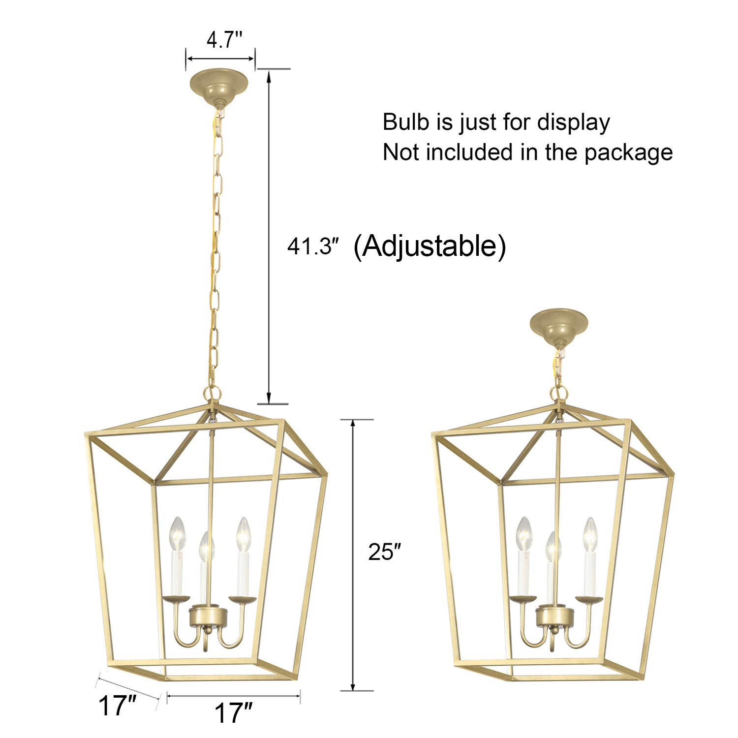 Foyer Lantern Pendant Light Fixture, Dst Gold Iron Cage Chandelier Industrial Led Ceiling Lighting, Size: D17'' H25'' Chain 45''