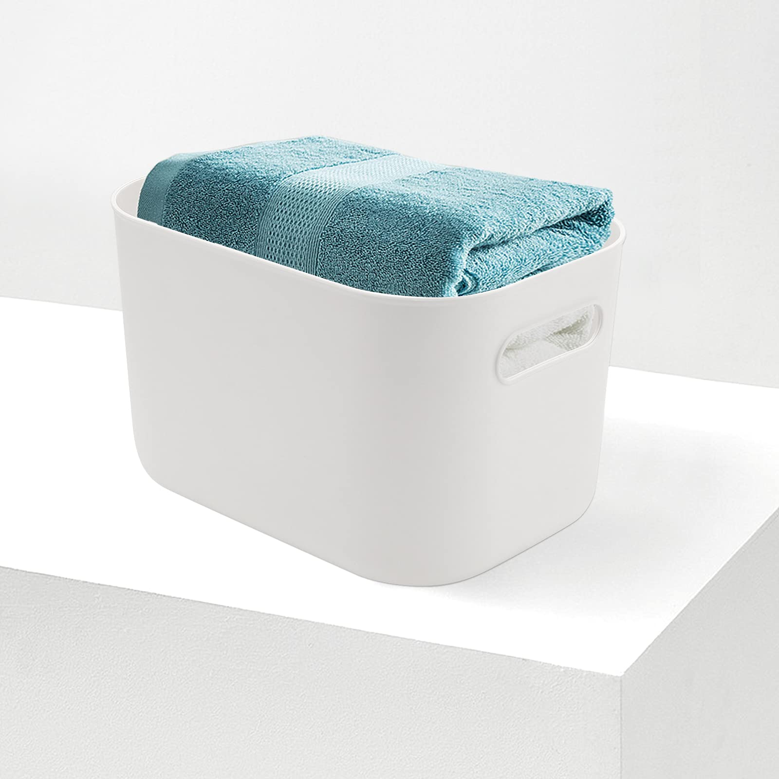 JOIKIT 4 Pack White Storage Bins with Handles, White Bathroom Kitchen Organizer Bin, White Plastic Vanity Storage Bins for Hand Soap, Body Washes, Towels, Shampoos, Lotions, Bath Balls, 10x7x6.3 Inch