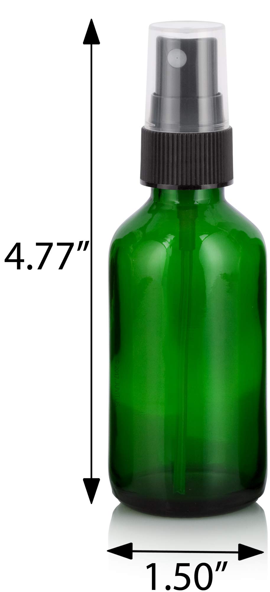 JUVITUS (24 Pack) 2 oz Green Glass Boston Round Bottle with Black Fine Mist Spray + Funnel