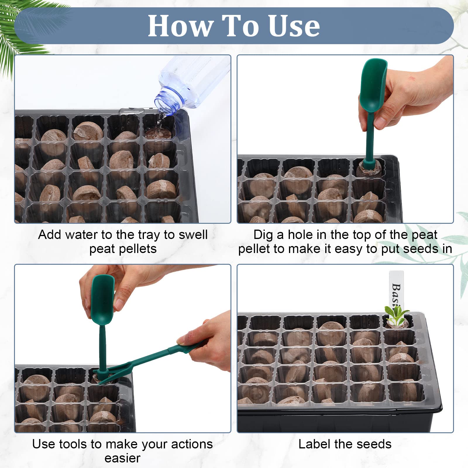 8 Pack Seed Starter Tray Seedling Trays with 200 Peat Pellets 20 Plant Labels 4 Gardening Tools with Humidity Vented Domes and Base Seed Germination Kit Mini Greenhouse for Plant Seedling (Green)