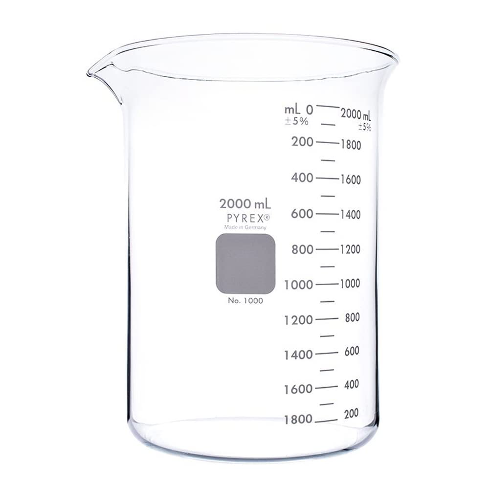 Corning Pyrex Borosilicate Glass Low Form Griffin Beaker, Graduated, 193mm H, 2000ml Capacity (Case of 8)