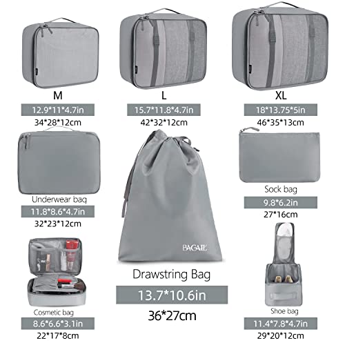 BAGAIL 8 Set Packing Cubes, Lightweight Travel Luggage Organizers with Shoe Bag, Toiletry Bag & Laundry Bag (Pewter Color)