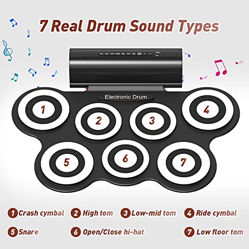 7 Pads Electronic Drum Set, Electric Drum Pad Roll-Up Drum Practice Pad Drum Kit Built-in Speaker with Drum Pedals Drum Sticks 10 Hours Playtime, Great Holiday Birthday Gift for Kids-White