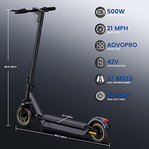 Aovopro ESMAX Electric Scooter, 27 Miles Range, Upgraded 500W Motor, 21 MPH Speed,10" Anti-Puncture Self-Sealing Air Tyre, Portable Commuting Electric Scooter for Adults