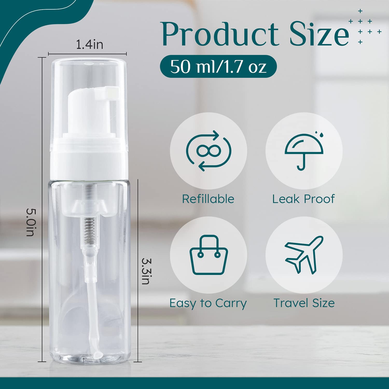 RAYNAG 2 Pack Foam Pump Bottles Foamer Bottle Mini Travel Size Soap Dispenser Mini Clear Bottles Plastic Pump Bottle, 50 ml/1.7 oz