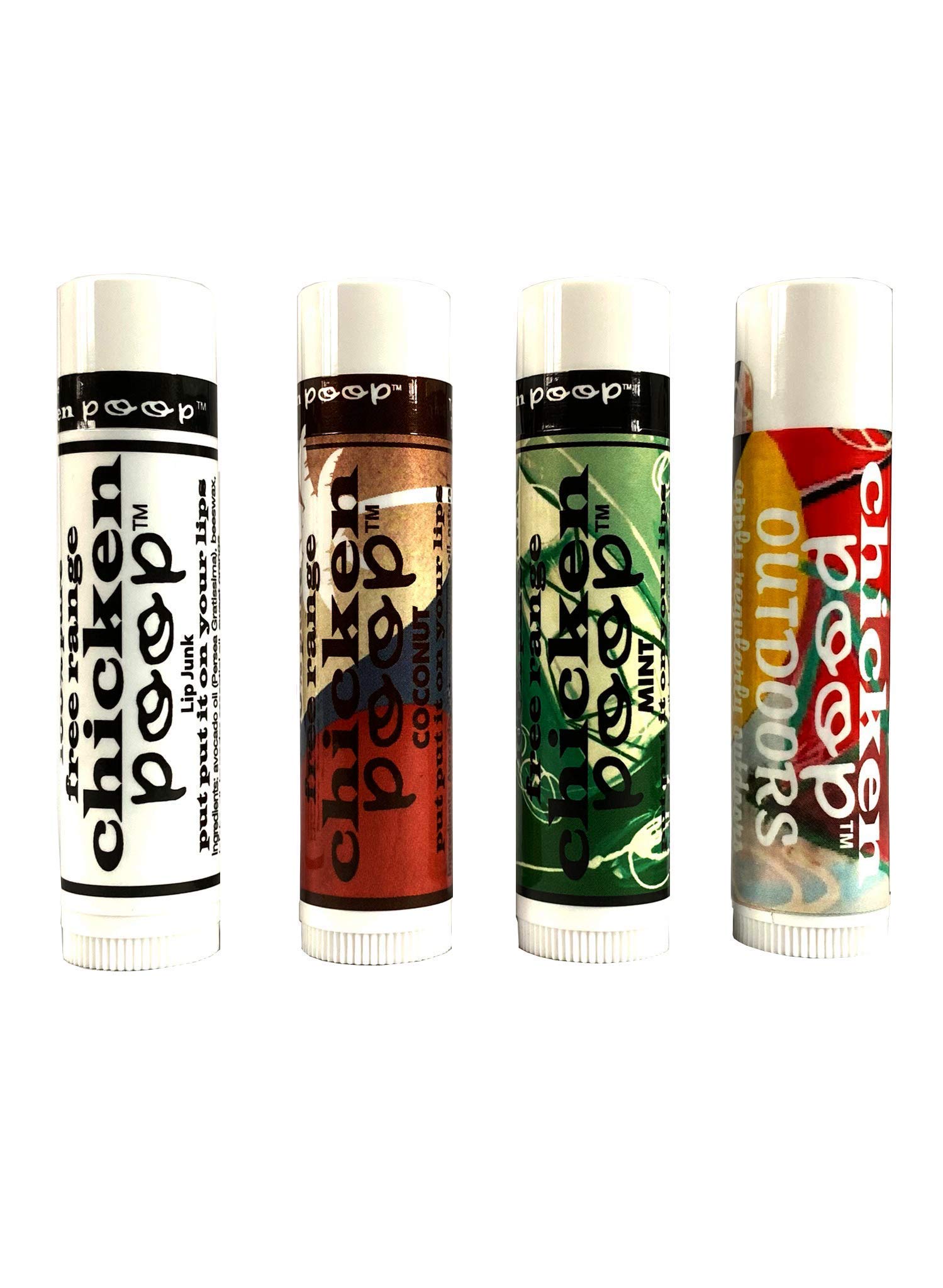 Chicken Poop Lip Balm Simone Chickenbone 100% Natural Moisturizer for Dry, Chapped Lips, Combo (Original, Mint, Outdoors with SPF 30, Coconut), 4 Pack