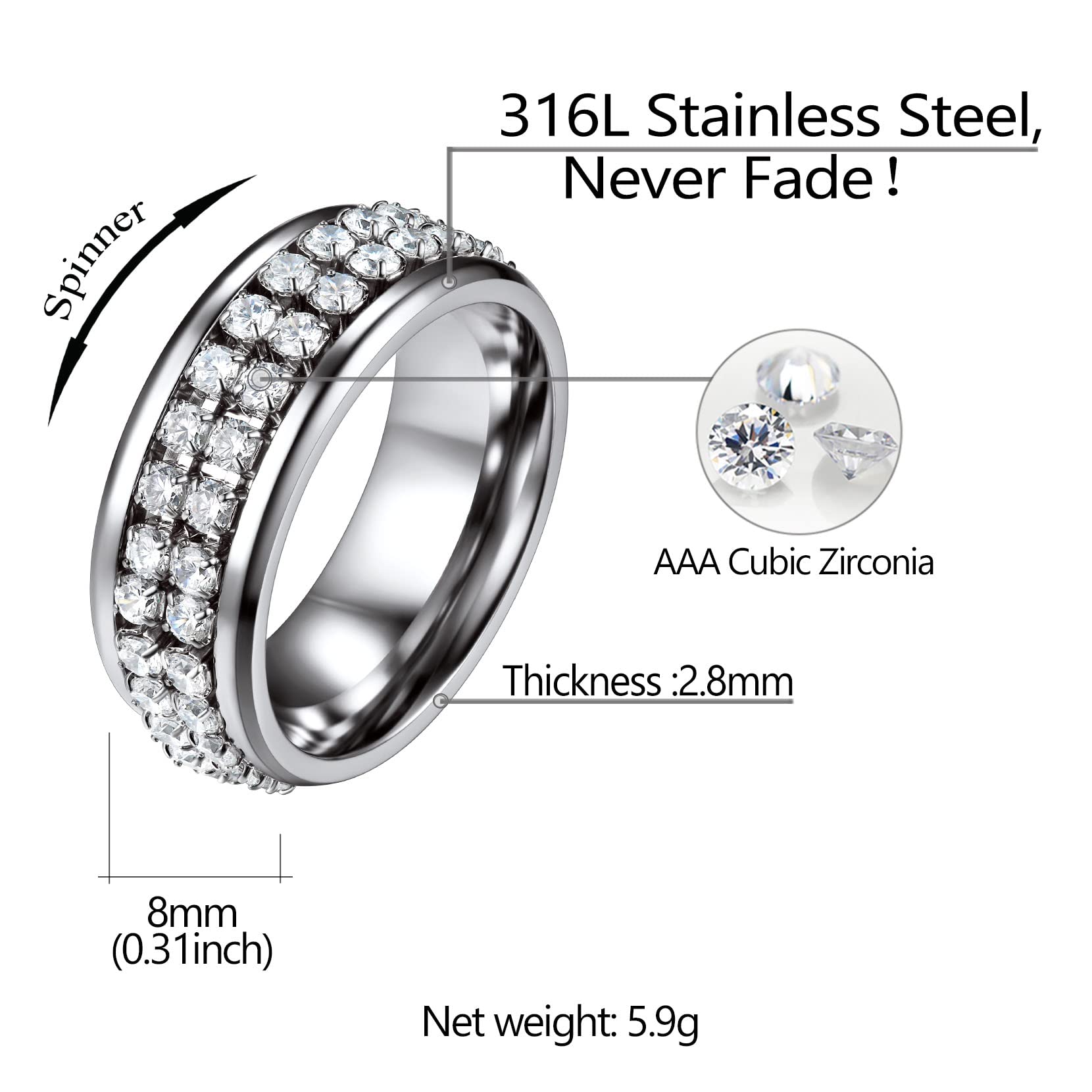 8mm Simulated Diamond Band Ring for Men Women Stainless Steel Fidget Spinner Rings
