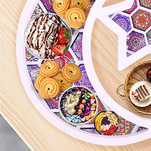 Wooden Eid Mubarak Dessert Tray, Ramadan Kareem Moon Star Shape Tray, Wooden Artistic Party Serving Tableware Tray Display Wood Decoration for Parties, Weddings (White Star)