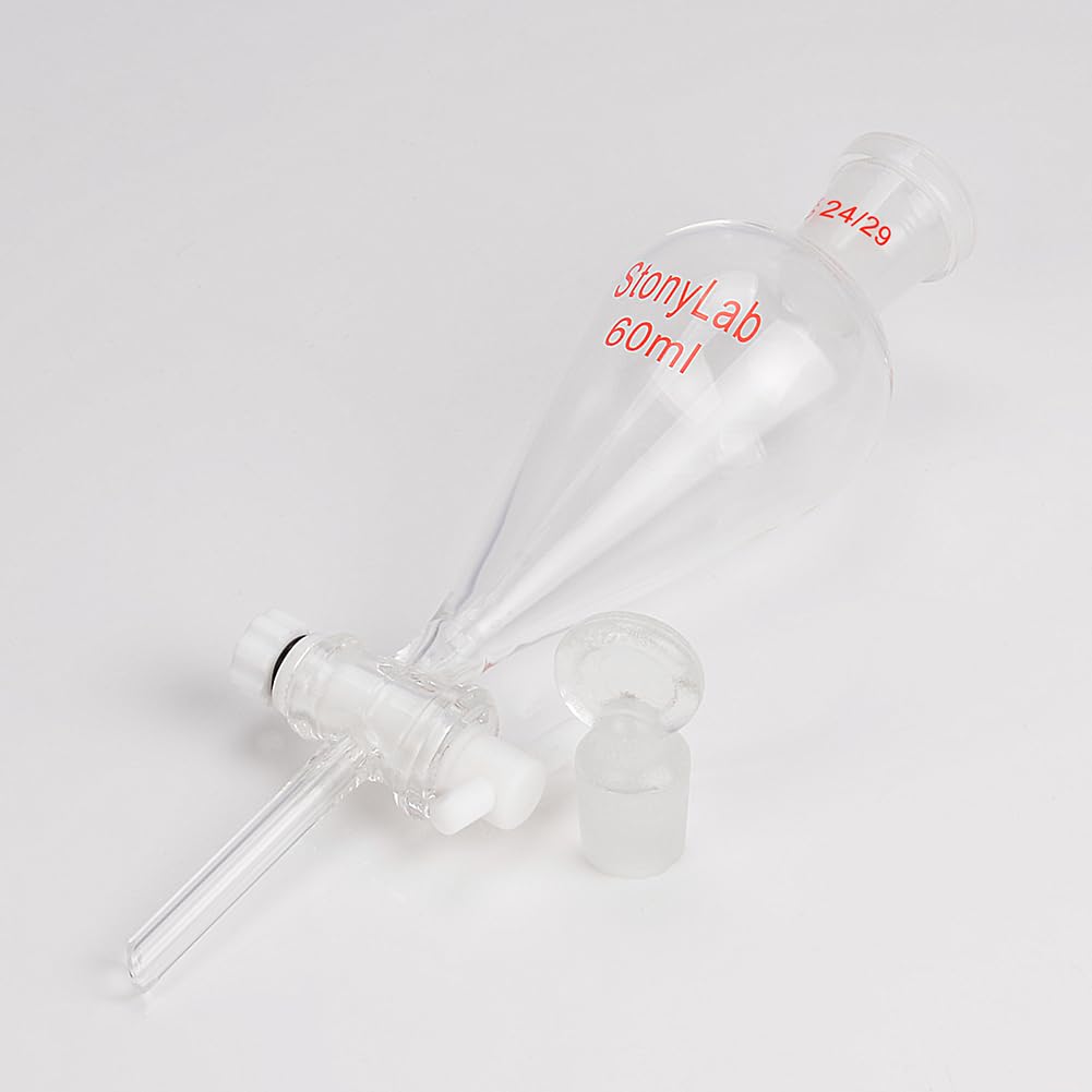 StonyLab PTFE Stopcock Separatory Funnel 60ml, Borosilicate Glass Heavy Wall Conical Pear-Shaped Separatory Funnel Separation Funnel with 24/29 Joint