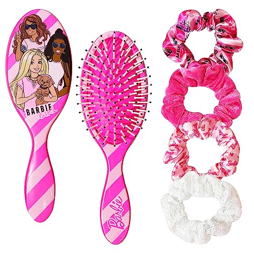 Barbie Hair Accessory 5 Pcs Set - 1 Regular 9 inch Hair Brush For Girls + 4 Scrunchies For Kids - Babrie Hair Accessories For Girls Detangling Brush Elastic Hair Ties Ropes Scrunchies Ages 3+