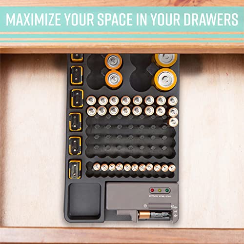 Wall Mounted Battery Organizer with Built-in Tester | Dimensions: 13.8" x 6.9" x 1.7" | Holds 98 Batteries | Wall Mounted | Battery Tester