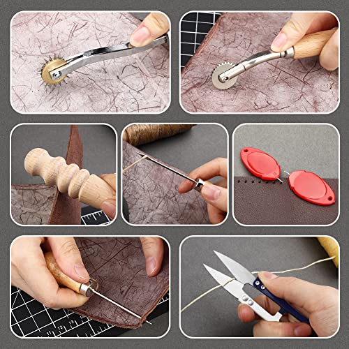 BAGERLA Leather Working Tools, Leather Sewing Kit with Waxed Thread Needle Awl Groover Tracing Wheel Prong Punch Storage Bag Leather Tools Kit Great for Leather Stitching and Leather DIY Crafting