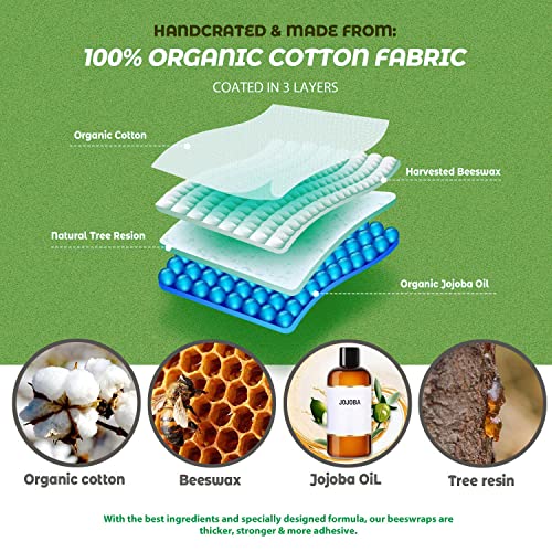 Beeswax Reusable Food Wraps - (6 Packs, 3 Sizes S,M,L, with 2 Meter Hemp Rope, Two Buttons) Plastic and Silicone Free, Eco-friendly Wrap, Wax Paper for Food,Yellow Lemon