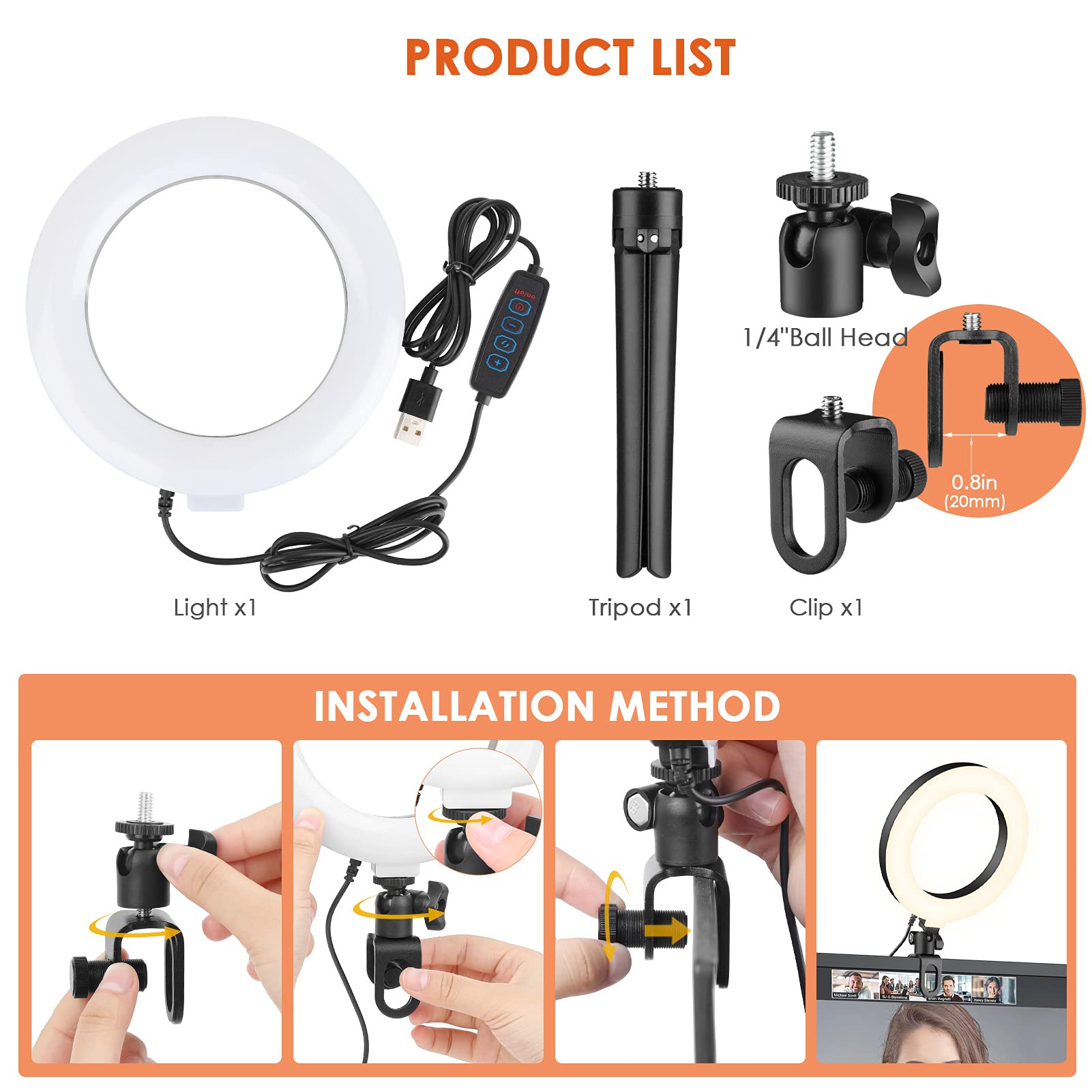 6" Ring Light Clip On, Video Conference Lighting, Laptop Light for Computer, Webcam Lighting, Zoom, Selfie, Remote Working, Distance Learning, YouTube, TikTok