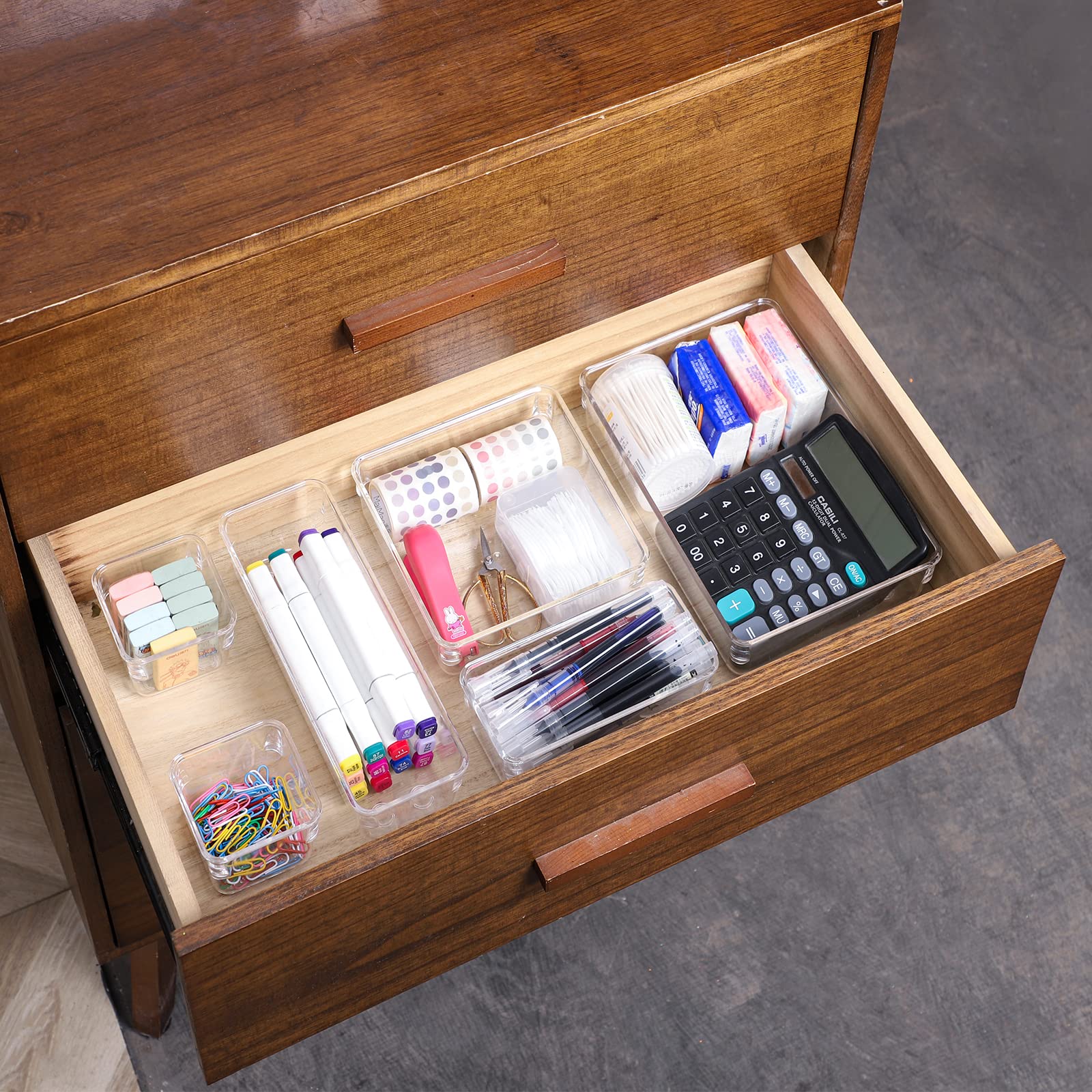 7 PCS Plastic Clear Drawer Organizer Set, 4 Sizes Desk Office Drawer Organizing Trays and Divider,Storage Bins for Makeup,Snack,Jewelry,Kitchen,Bedroom, Bathroom vanity Accessories Containers
