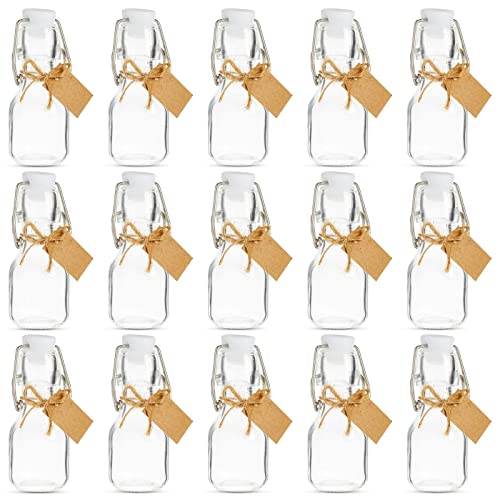Mini Swing Top Glass Bottles with Lids, 2 oz Flip Open Top Glass Bottles for Wedding Party Favors, with Kraft Paper Tags and Jute Twine (15 Pack)