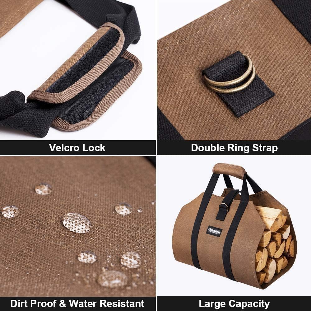 AMAGABELI GARDEN & HOME Fireplace Carrier Waxed Canvas Fire Place Sturdy Wood Carring Bag with Handles Security Strap for Camping Indoor Firewood Logs Tote Log Holder Birchwood Stand