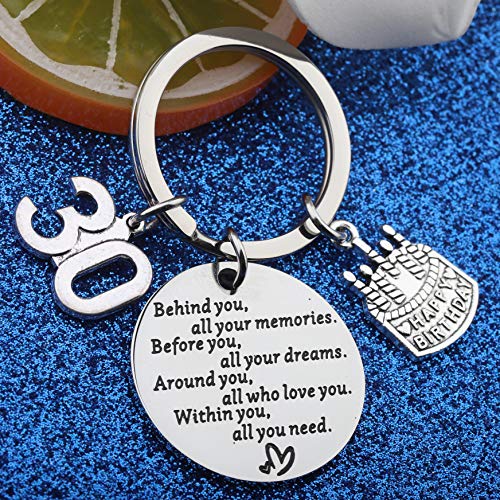 BEKECH Birthday Keychain Gifts for Him/Her,10th 12th 13th 14th 15th 16th 18th 30th 40th 50th Birthday Cake Birthday Key Ring Gift, Behind You All Memories Before You All Your Dream (30th)