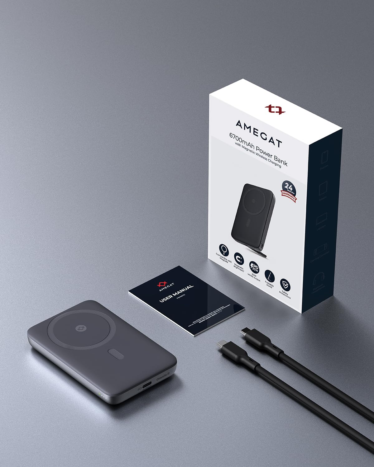 AMEGAT Magnetic Battery Pack 6700mAh for MagSafe, Foldable Kickstand Wireless Portable Charger with 20W USB-C Fast Charging, Only for iPhone 15/15 Plus/15 Pro/15 Pro Max, iPhone 14/13/12 Series