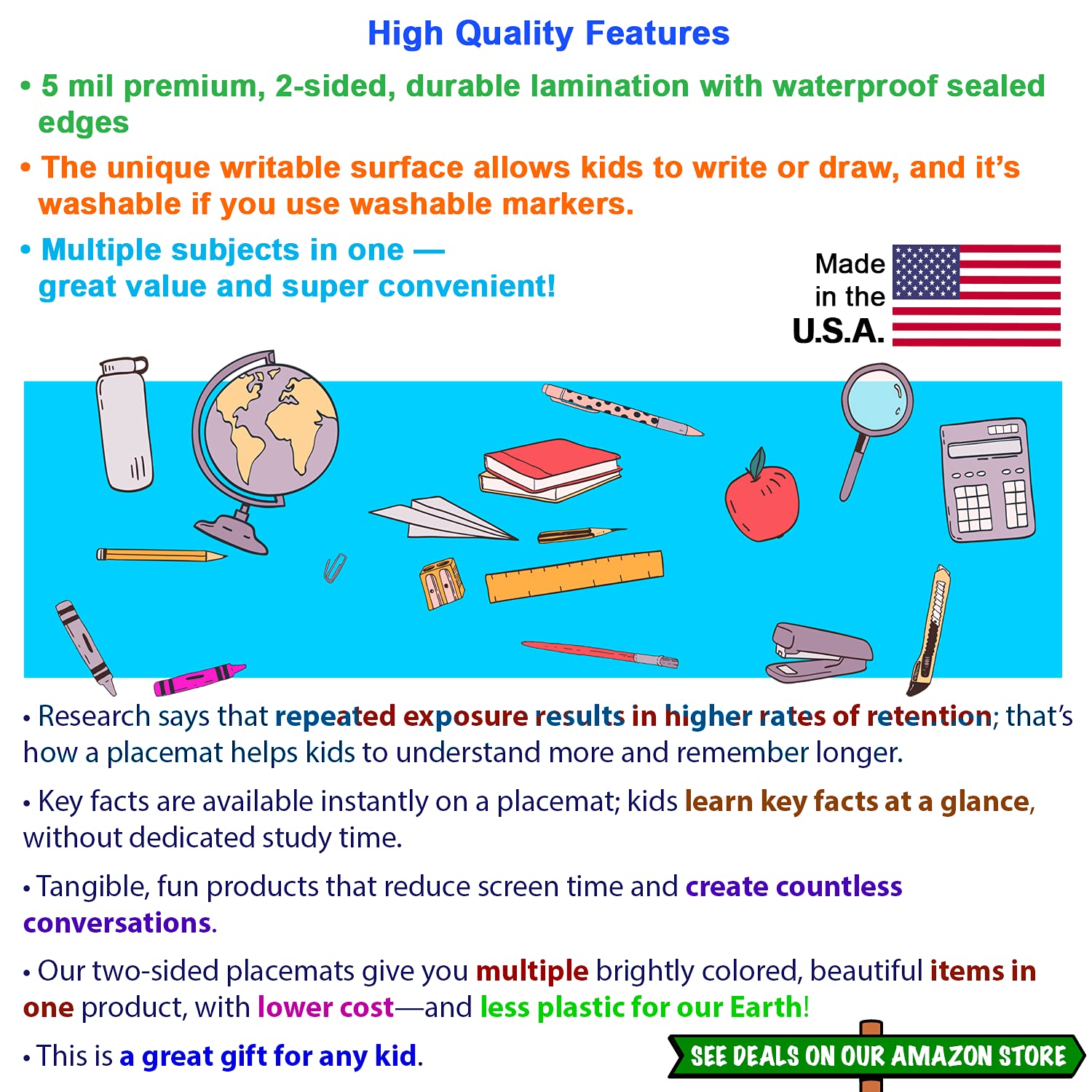 Natural Learning Children's Placemat (One 4-in-1 Alphabet, Numbers, Shapes, Colors and One USA/USA Centered World (2 Pack))