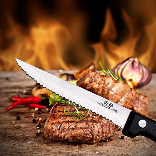 G.a HOMEFAVOR Steak Knife Set Stainless Steel, 8 Pieces Full Tang Sharp Serrated Knives Cutlery Set, Black