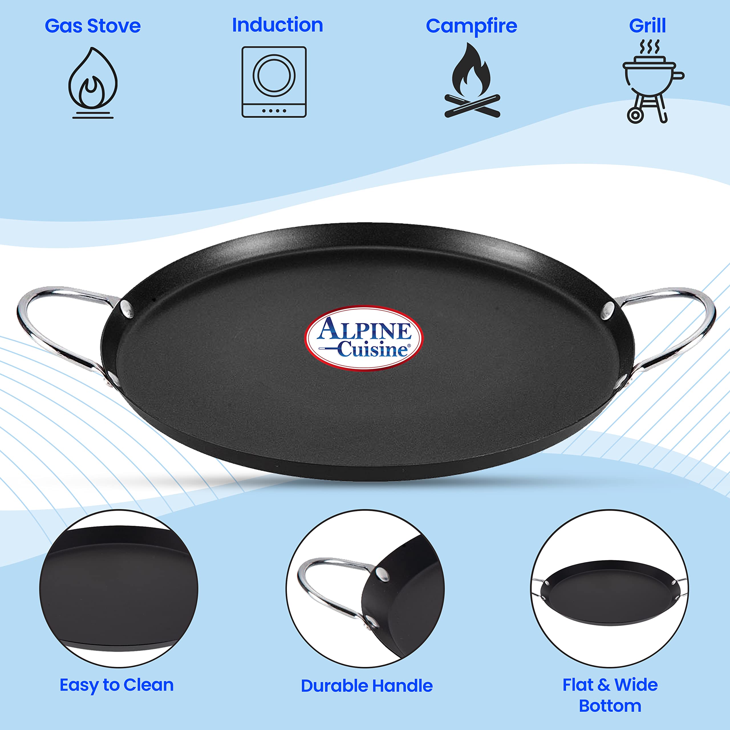 Alpine Cuisine Nonstick Round Paella Pan, 13-Inch, Black Carbon Steel, Oven Safe, Non-Magnetic