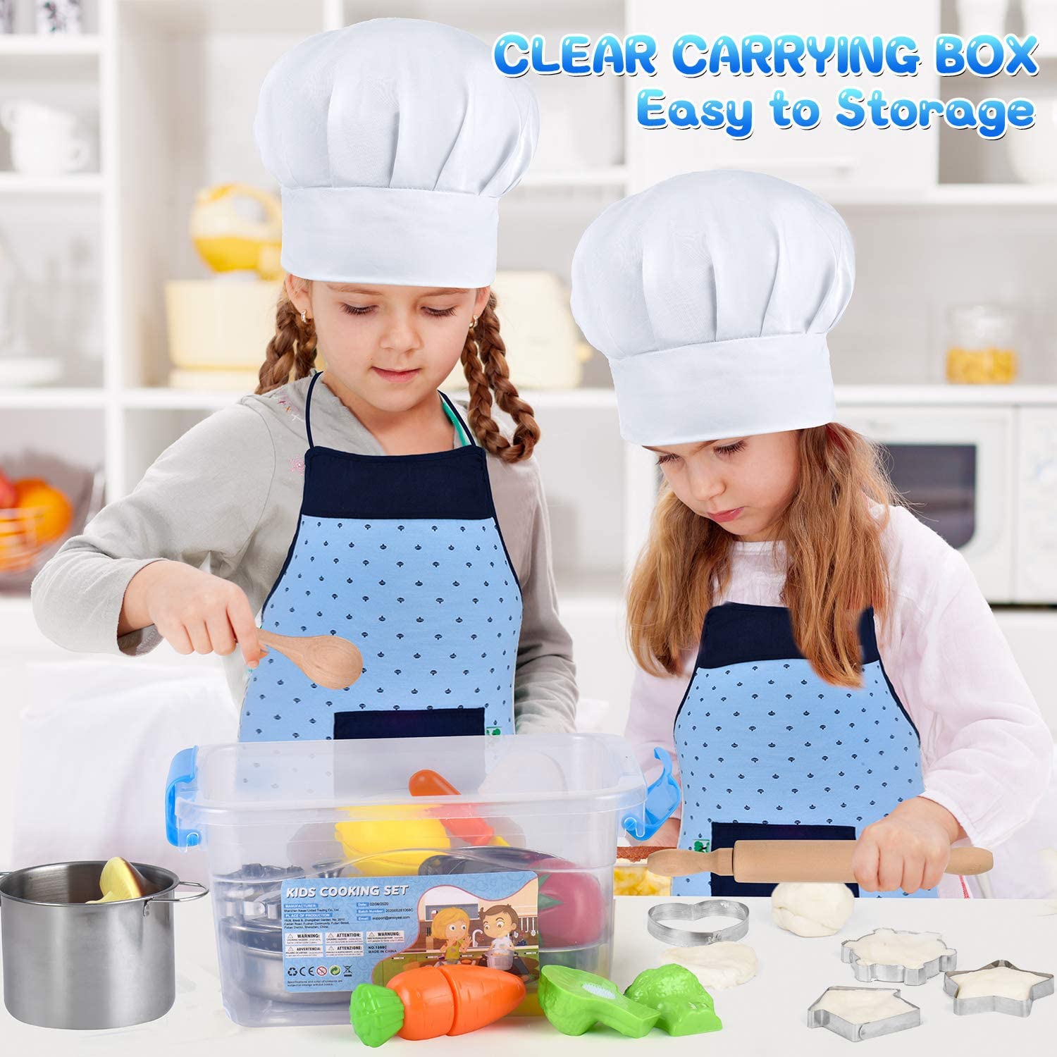 COSILY Kitchen Pretend Play Toys, Kids Cooking and Baking Set with Stainless Steel Cookware Pots and Pans Set, Cooking Utensils, Apron & Chef Hat, Cupcake Moulds, Cutting Vegetables for Boys and Girls