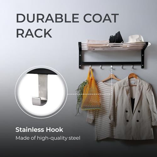 ARROWSTONE Coat Rack with Shelf Solid Acacia Wood, 31" Entryway Wall Mounted Shelf, Stainless Steel Coat Hooks, 5 Hooks for Clothes, Key Holders, Hats, for Bedroom, Living Room, Bathroom