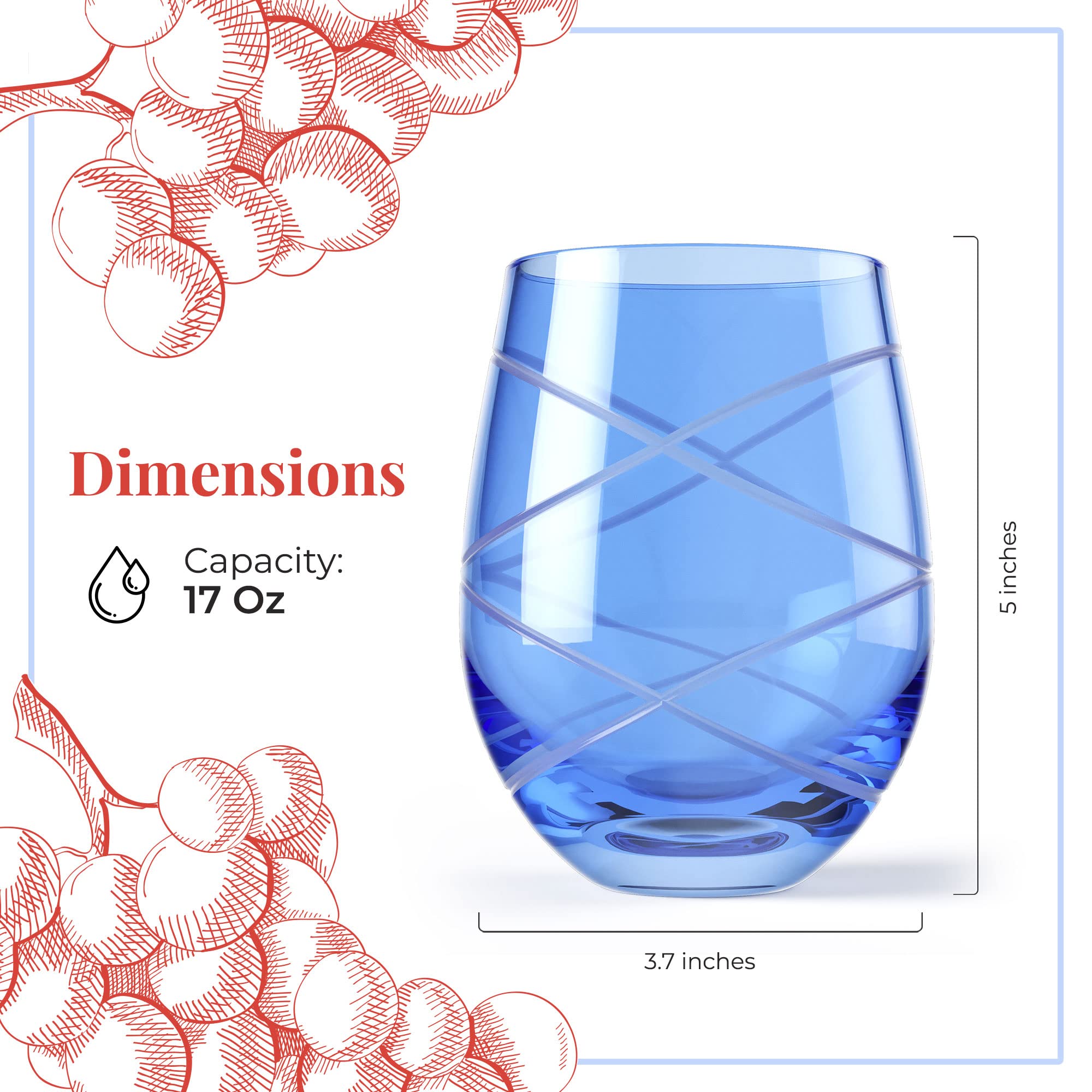 American Atelier Medallion Stemless Wine Glass Set of 6, 17 oz, Etched Patterns, Textured Glass Cups, Glasses for Red or White Wine, Stemless Goblets, Fifth Avenue Crystal, Blue