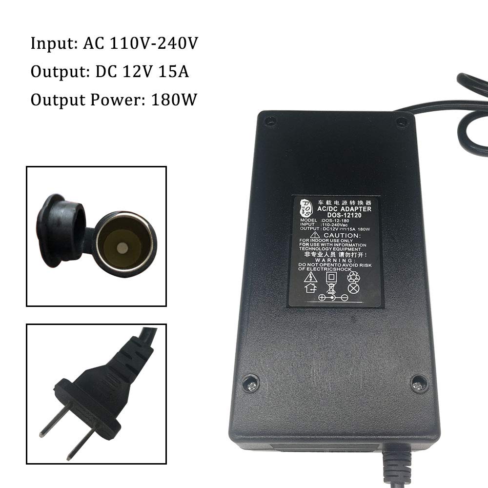 Heavy Duty 180W/15A AC to DC Converter,BUENNUS Convert 110V-240V to 12V Car Cigarette Lighter Socket Adapter AC DC Power Supply US Standard Plug for Car Refrigerator Vacuum Cleaner Air Pump