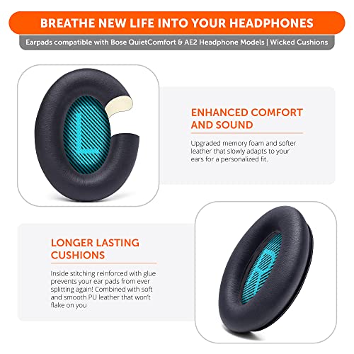 WC Wicked Cushions Premium Replacement Ear Pads for Bose Headphones - Compatible with QC15 / QC25 / QC35 & 35 ii / QC2 / AE2 / AE2i / AE2W / Soundlink - Softer Leather, Luxury Memory Foam | Black