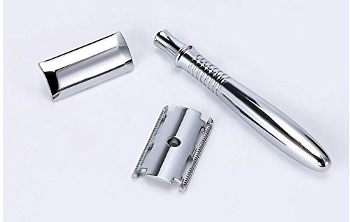 Heavy Duty Chrome Double Edge Safety Razor & Base Stand Long Handle Lengthen Version w/ 10 Platinum Super Sharp Blades + Mini Cleaning Brush & Pouch Manual Wet Shaving Gift Set for Men & Women