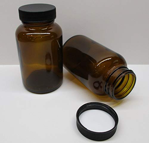 Heavy Glass Medical Packer Bottles Wide Mouth with Black Caps-Amber 4 oz 120cc Size Package of 6 Units-Pharmaceutical Grade Product