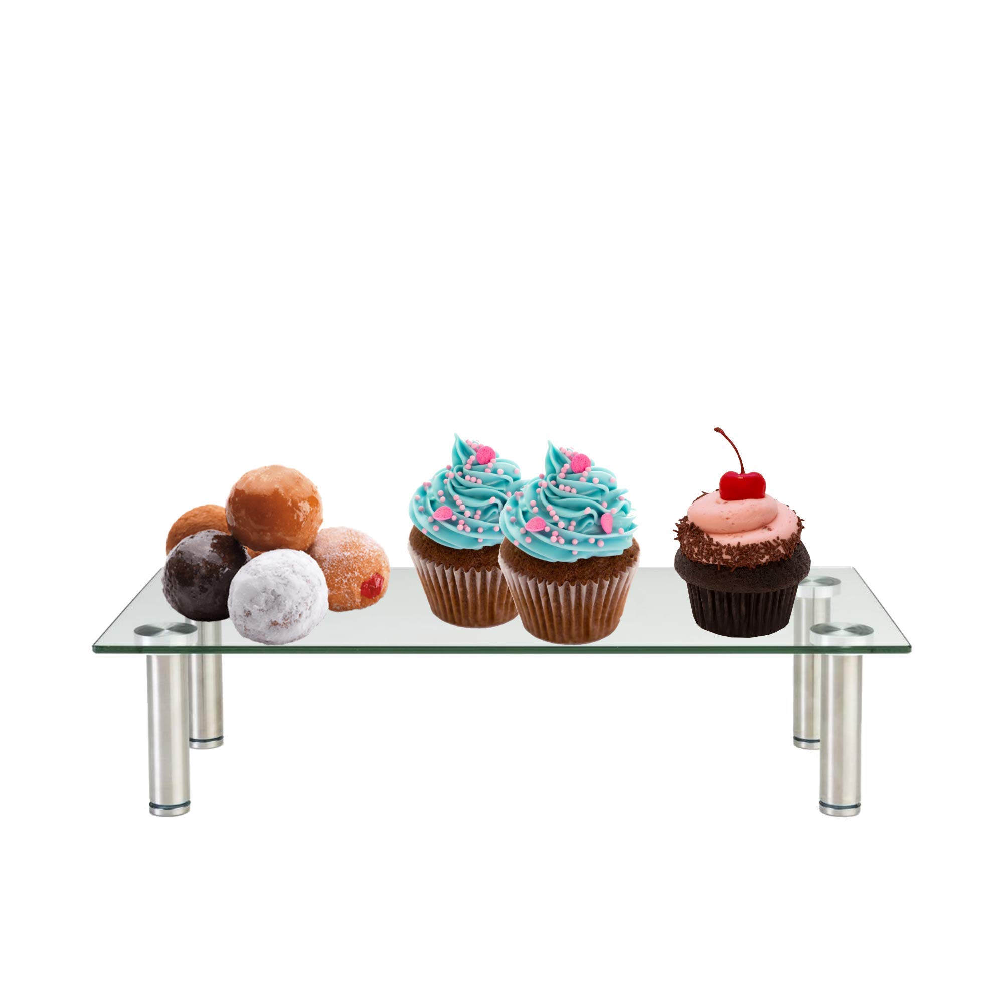 Rectangle Tempered Glass Retail Display Stand 10 x 22 Inch – Large Display Raiser for Cupcakes, Dessert/Office Desk, Bathroom Organizer Shelf