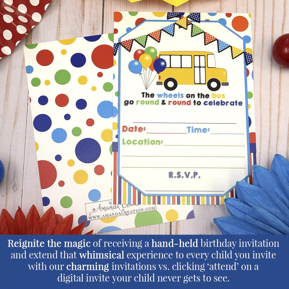 Amanda Creation Wheels on the Bus Themed Birthday Party Fill In Invitations set of 20 with envelopes