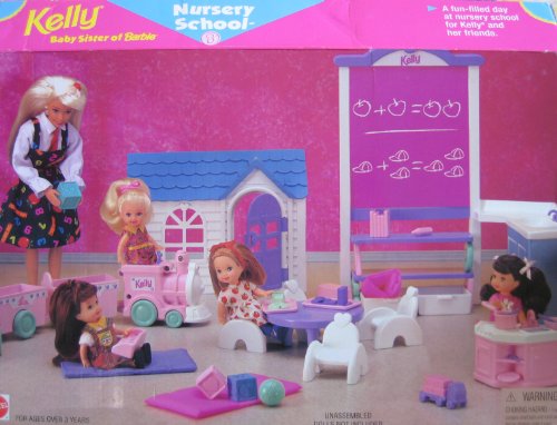 Barbie KELLY Nursery School Playset w Blackboard, Sink Unit, Train & MORE! (1996 Arcotoys, Mattel)