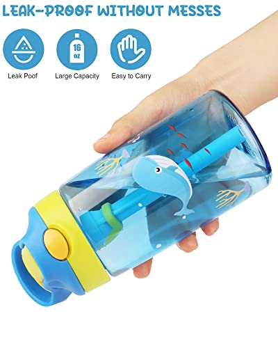 A+ Choice Kids Water Bottle with Straw & Handle - 16 oz BPA Free Kids Water Bottles, Spill Proof, Easy-Clean, Dishwasher Safe - Cute Whale Sky Blue