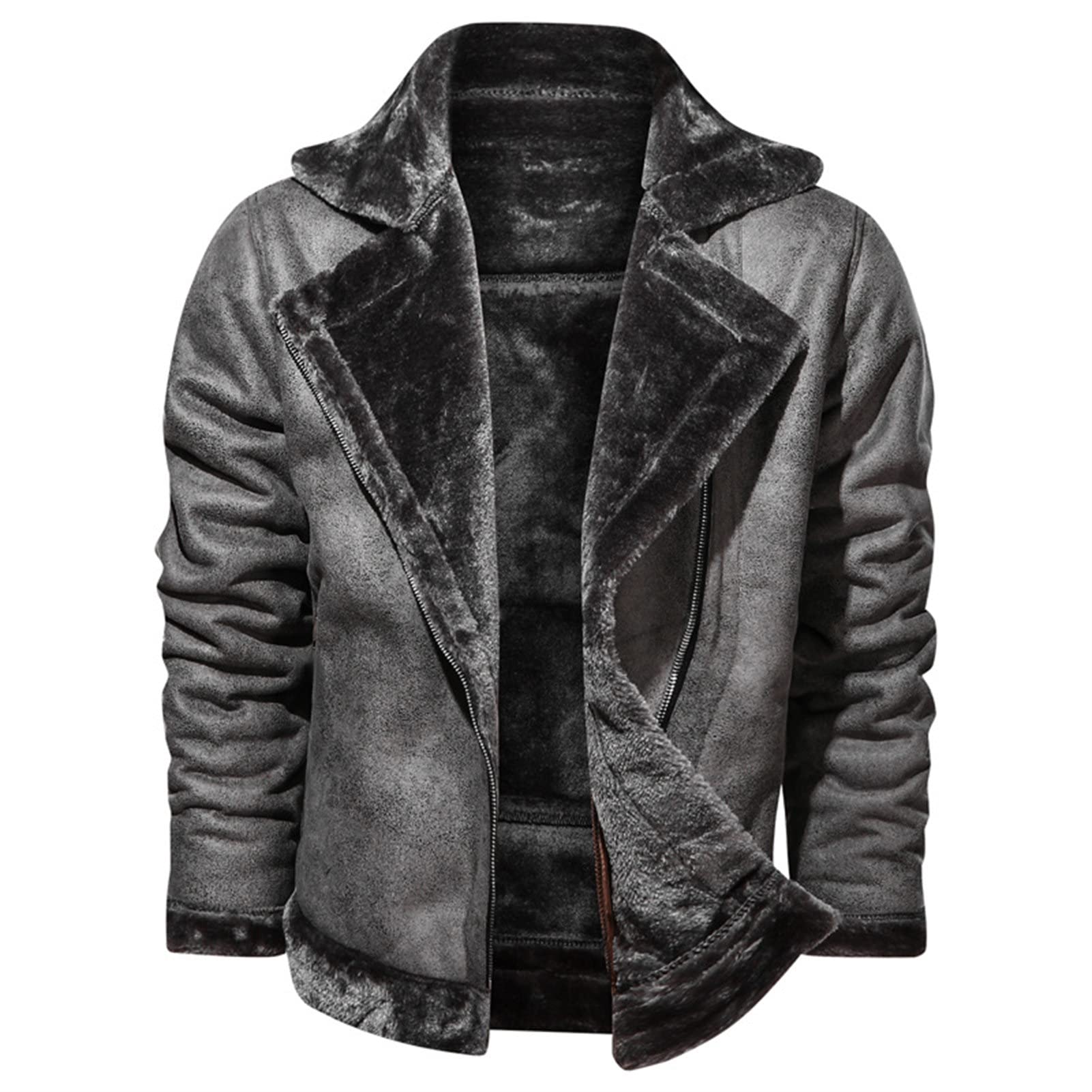 Maiyifu-GJ Men's Faux Leather Fleece Jacket Winter Warm Motorcycle Fur Vintage Coat Retro Suede Motorcycle Bomber Jackets (Grey,3X-Large)