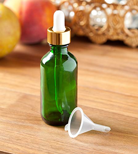 JUVITUS 2 oz / 60 ml Green Glass Boston Round Bottle Luxury Gold Metal Dropper (12 Pack) + Funnel
