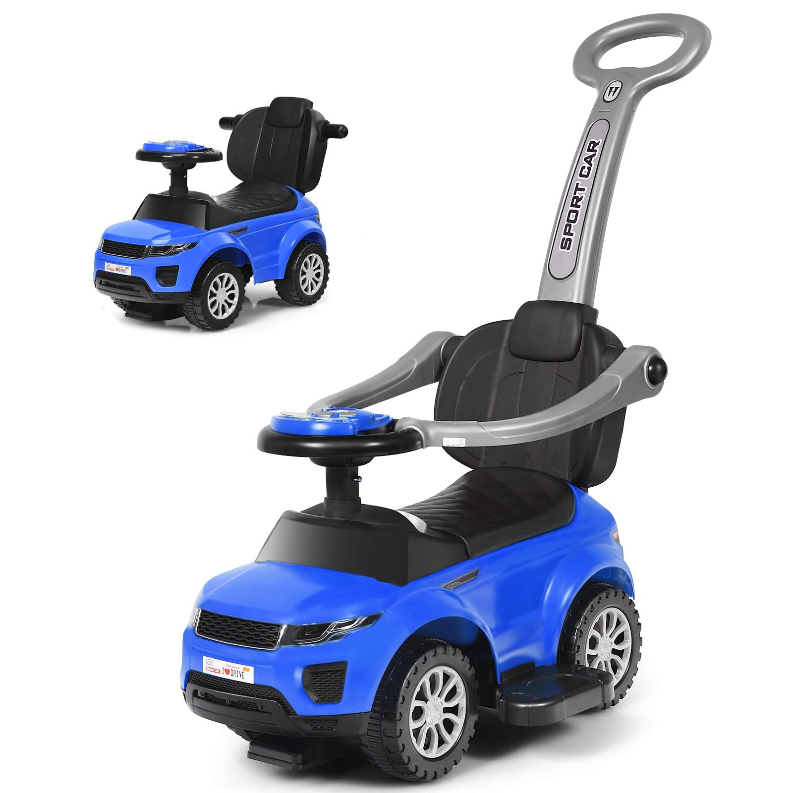 Costzon 3 in 1 Ride on Push Car, Stroller Sliding Walking Car with Horn, Music, Light, Under Seat Storage, Parental Handle, Armrest Guardrails, Ride on Toy for Boys & Girls (Blue)