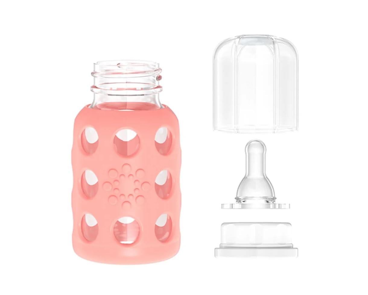 Lifefactory Glass Baby Bottles with Silicone Protection - 4-Pack, 4 oz Each Bottle (2- Lavender, 1- Mint & 1- Cantaloupe)